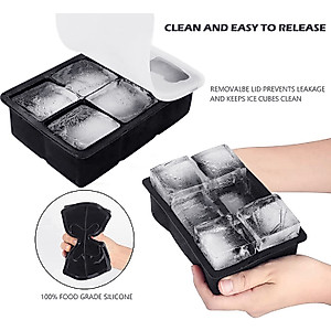 HONYAO Whiskey Cocktail Ice Mold, Easy Fill and Release Silicone Round Ice Ball Maker Mold Large Square Ice Cube Tray with Lid - 6 Ice Balls + 6 Ice Cubes Black