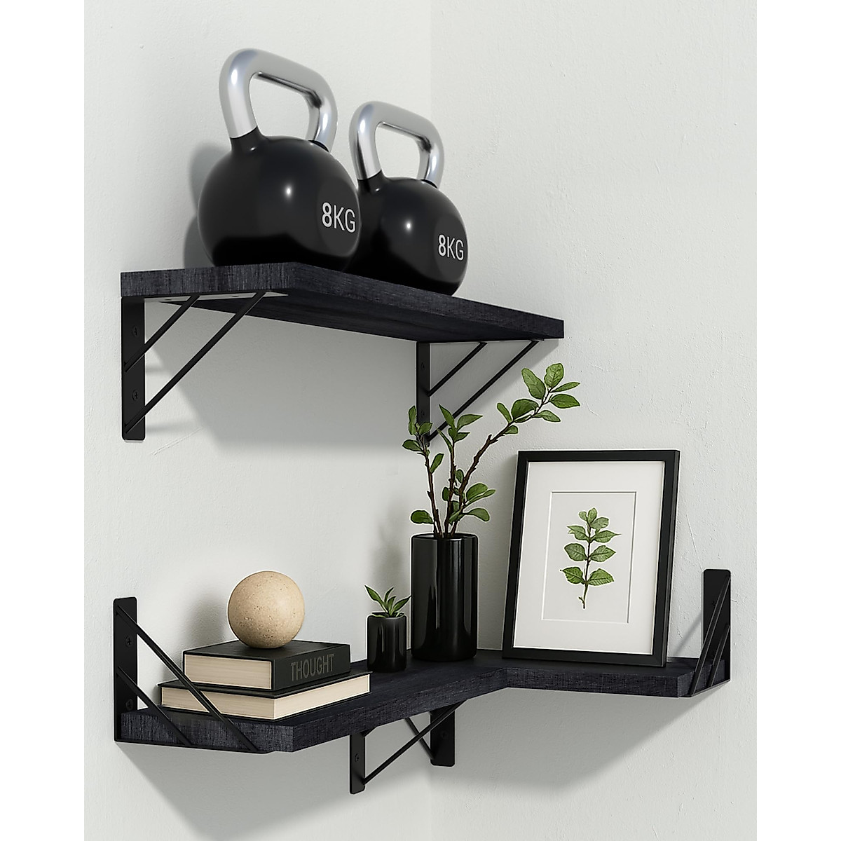 BAYKA Wall Shelves for Bedroom Decor, Floating Wall Shelves for Living Room Kitchen Storage, Wall Mounted Rustic Wood Floating Shelves for Kids Books, Small Shelf for Bathroom(Black，Set of 3)