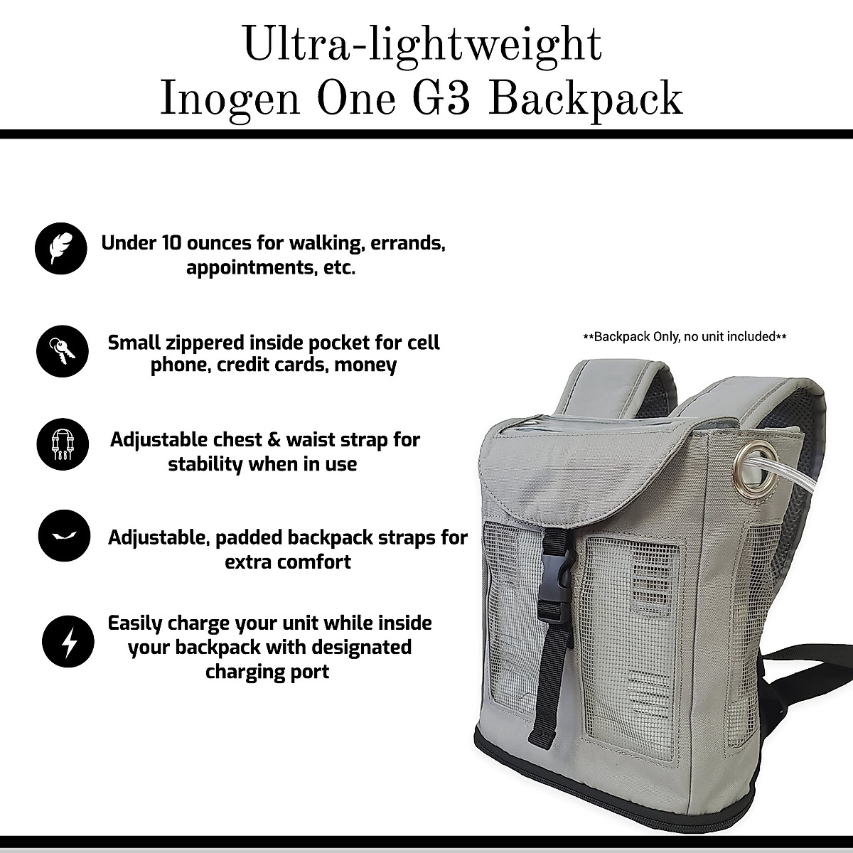 O2TOTES USA Premium Ultra Lightweight Backpack fit for the Inogen One G3 Unit (Patented Design) (gray) Fits Units: IS0-300 OR IO-300/NEW IMPROVED DESIGN