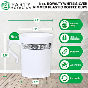 PARTY BARGAINS 8 oz Royalty White Silver Rimmed Plastic Coffee Cups with Handles - [32 Pack] Disposable Plastic White Tea Cups, for Weddings, Bridal Showers, Engagement Parties, Camping