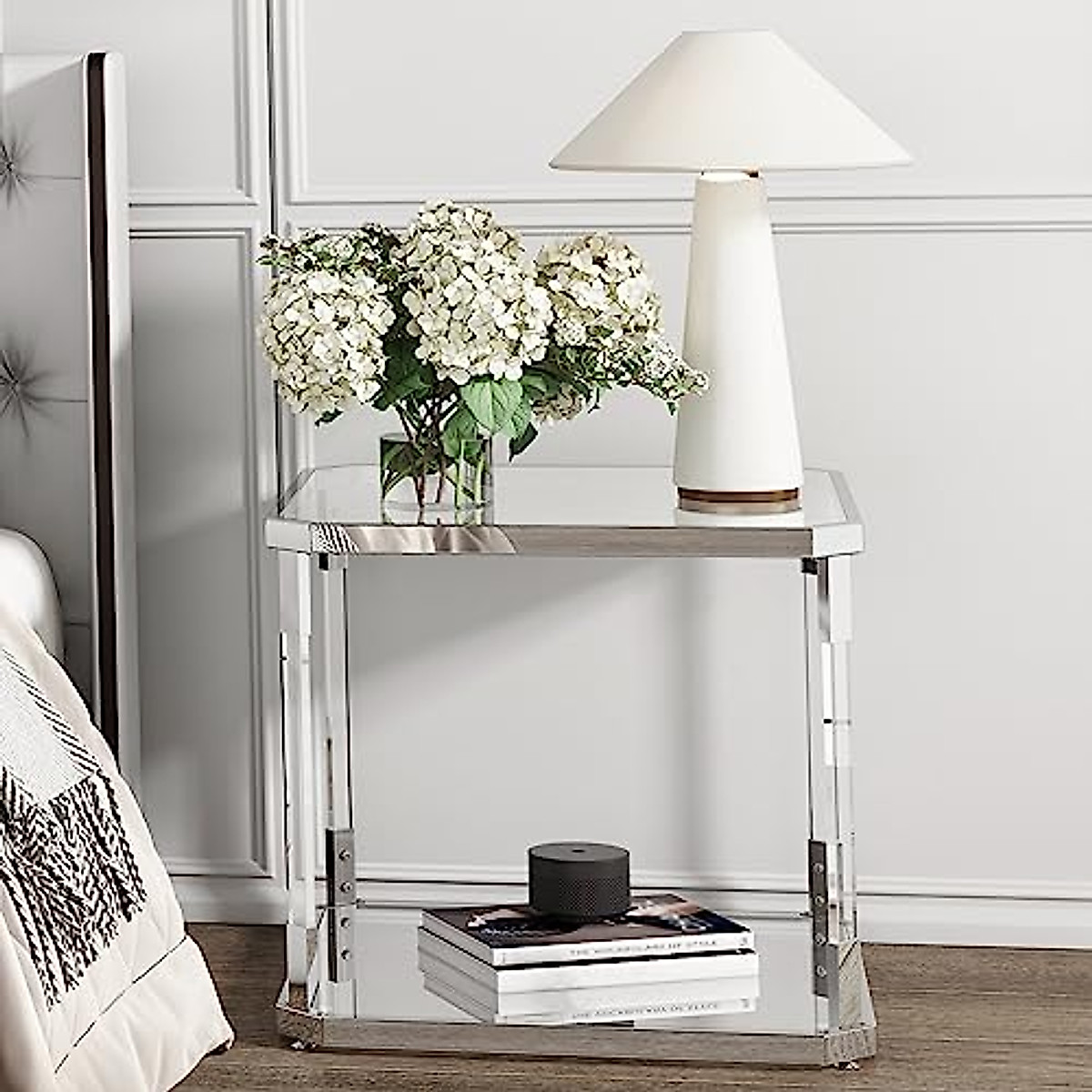 MINPINSER Glass Side Table-Silver Chrome End Table Clear Acrylic Nightstand for Living Room Bedside Bedroom
