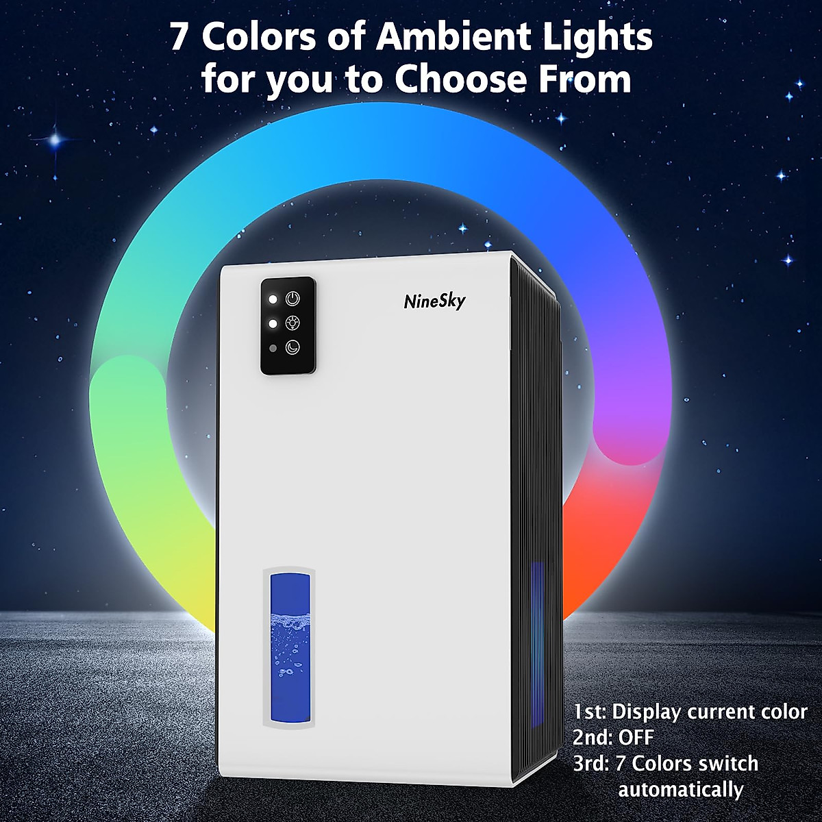 NineSky Dehumidifier for Home, 95 OZ Water Tank, 7000 Cubic Feet(720 sq.ft) Dehumidifiers for Bathroom, Bedroom with Auto Shut Off, Two Working Modes and 7 Colors LED Light