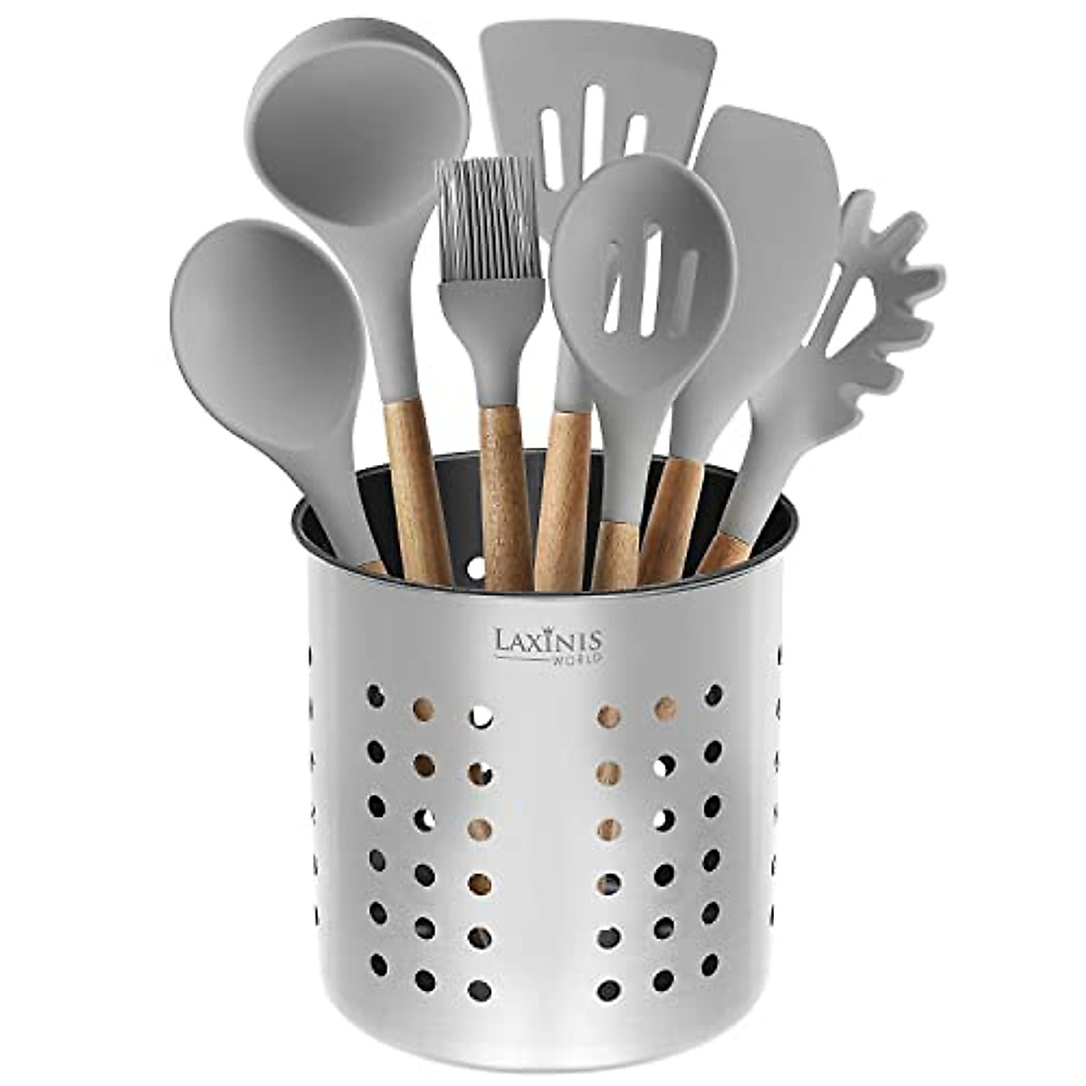 Laxinis World Stainless Steel Kitchen Utensil Holder, Kitchen Caddy, Utensil Organizer, Round Shape Utensils Crock, 5" by 5.3" (utensils not included)