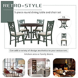 5-Piece Round Dining Table and 4 Chairs Set with Storage Shelf, Special-Shaped Legs and an Exquisitely Designed Hollow Back for Kitchen Living Room, Antique Blue+Dark Brown