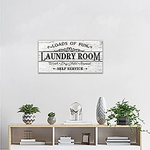 Laundry Room Wall Art Laundry Sign Laundry Wall Decor | Wash Dry Fold Repeat | Retro Laundry Room Decor Black Quote Art Prints Wood Background Home Living Room Decorations Framed 24X12 Inch