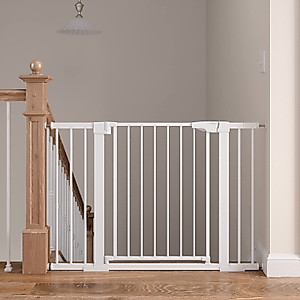 Mumeasy Baby Gate for Stairs, 29.6"-46" Pressure Mounted Pet Gate with Walk Through Door, Auto Close Dog Gate for House, Stairs, Doorways