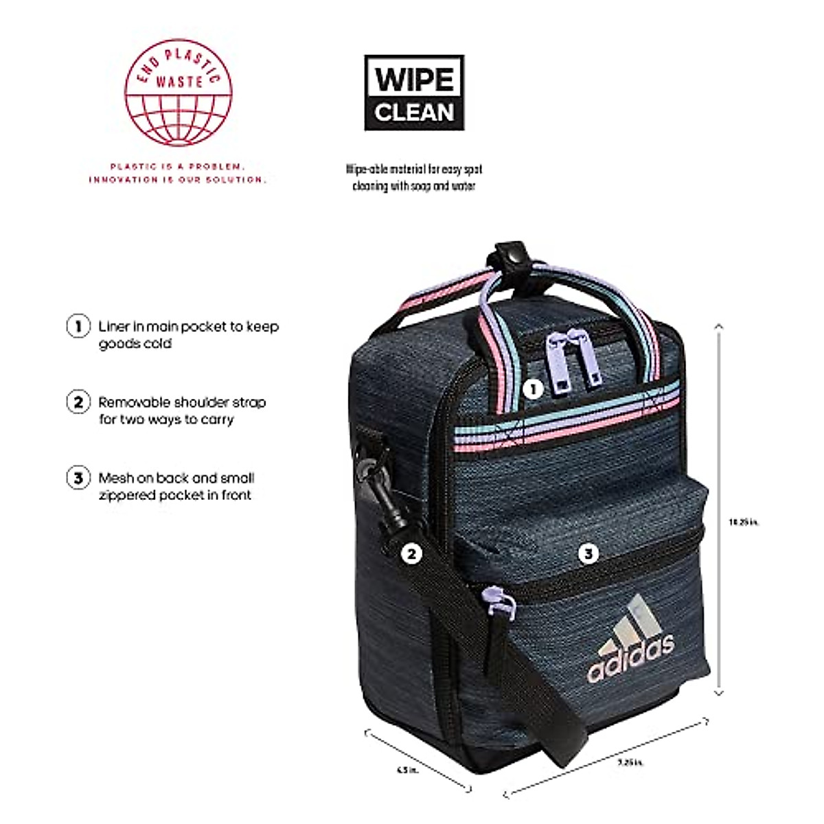 adidas Squad Insulated Lunch Bag (7L) Food Container Carry Box for Kids/Adults Discontinued, Two Tone Black/Snowglobe, One Size