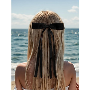 4pcs Hair Clips for Women Tassel Ribbon Bowknot With Long Tail, Clip Girl, Solid Accessories Barrettes Claw Bow (Black&Beige)