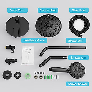 EMBATHER Black Shower Faucets Sets - Overhead Rain Head Shower System with 8-Mode High Pressure Handheld Complete Combo and Mixer Valve Trim Kit - 3-Way Rainfall Shower Fixture for Luxury Bathroom
