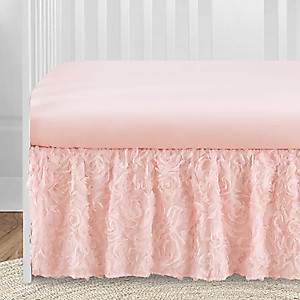 Sweet Jojo Designs Pink Floral Rose Baby Girl Nursery Crib Bedding Set - 4 Pieces - Solid Light Blush Flower Luxurious Elegant Princess Vintage Boho Shabby Chic Luxury Glam High End Ruffle Roses