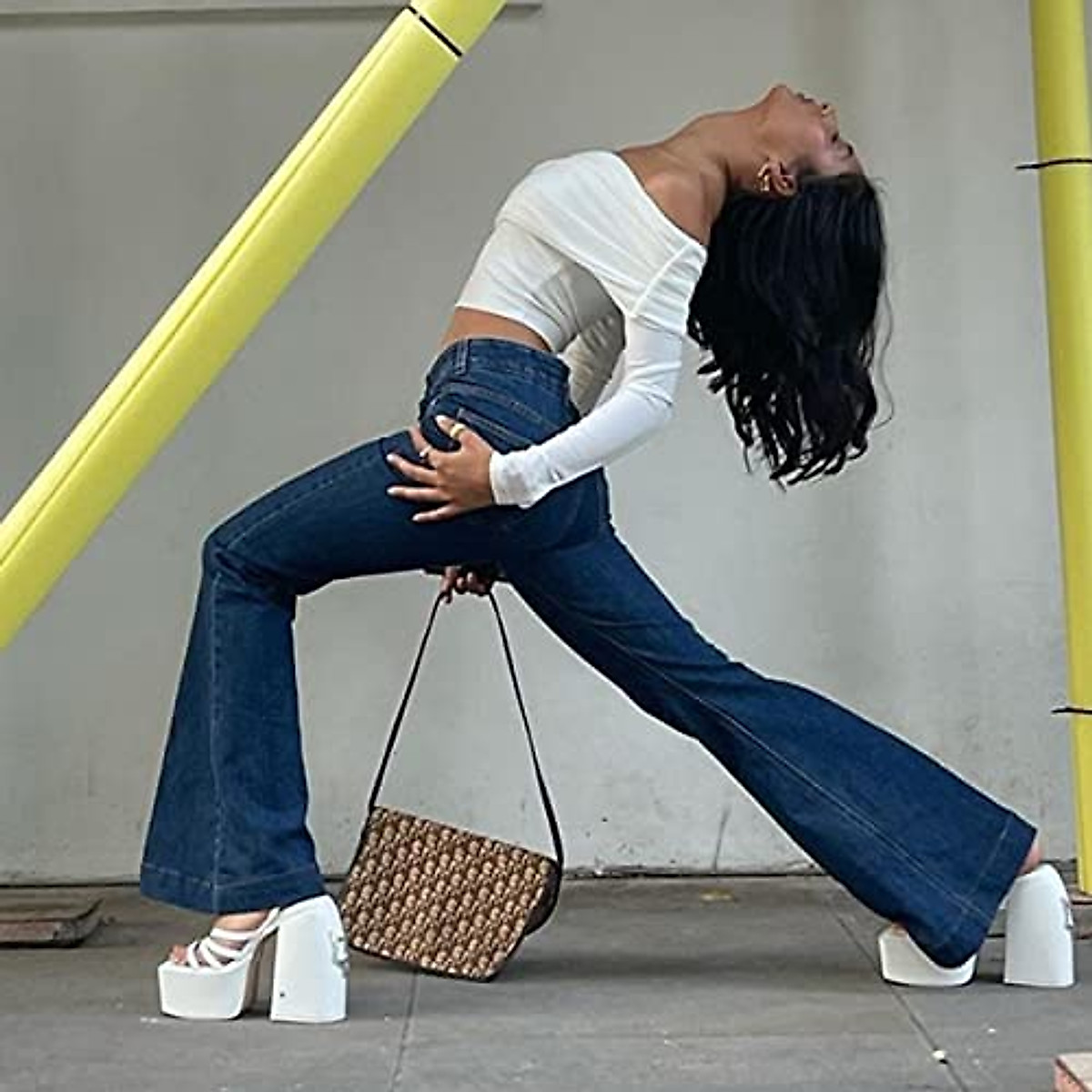 LuFeng Women's Sexy Off Shoulder Double Layer T-Shirt Long Sleeve Y2k Crop Tee Tops Streetwear White