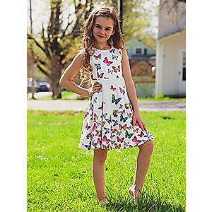 Girls Summer Dresses Butterfly Sleeveless Dress Casual Swing Pocket Sundresses (White, Girls Dresses Size 6)