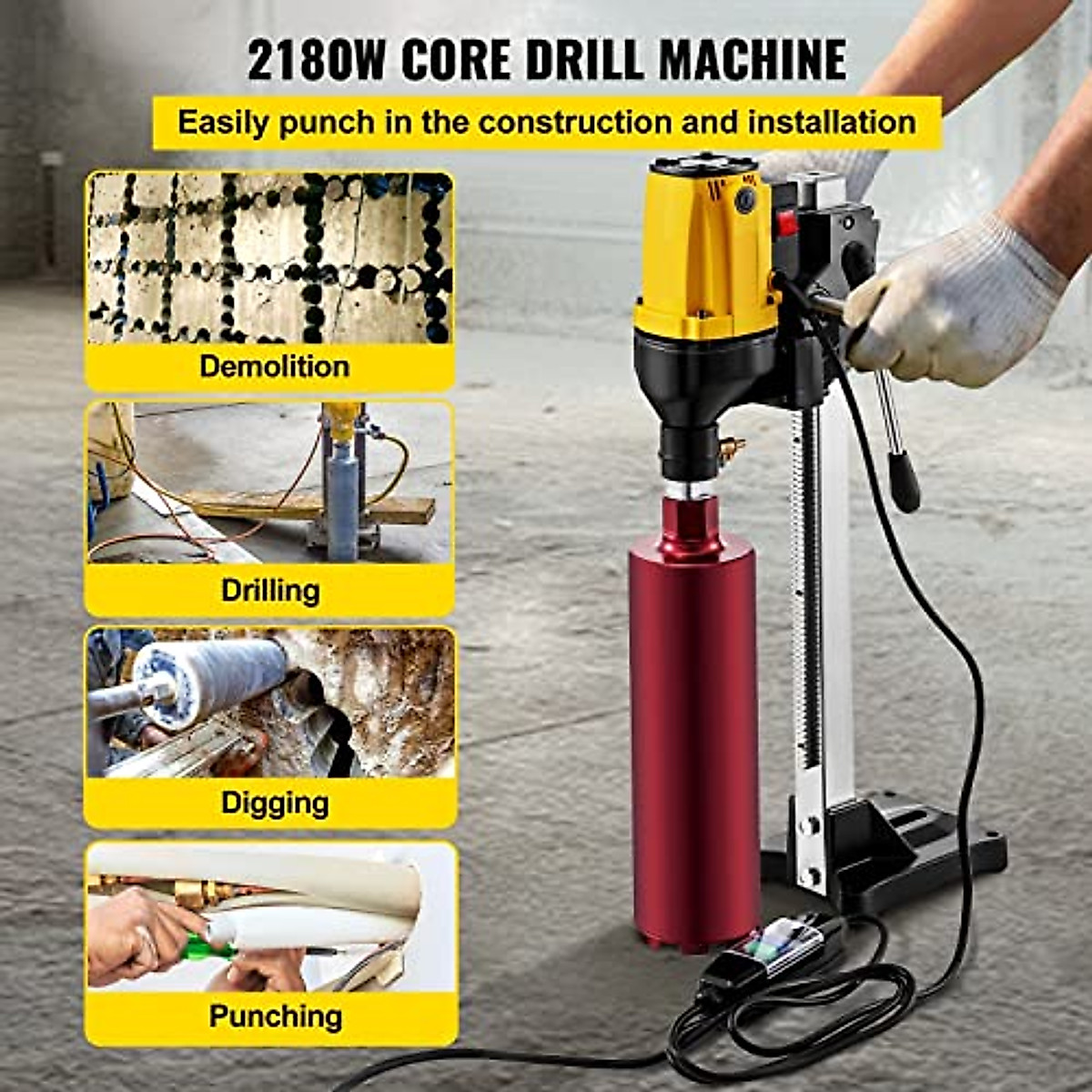 High-Performance 2180W Diamond Core Drill Rig - Industrial Concrete Drilling Machine w/ 160mm 180mm Drill Bits - Handheld/Stand - Wet Electric