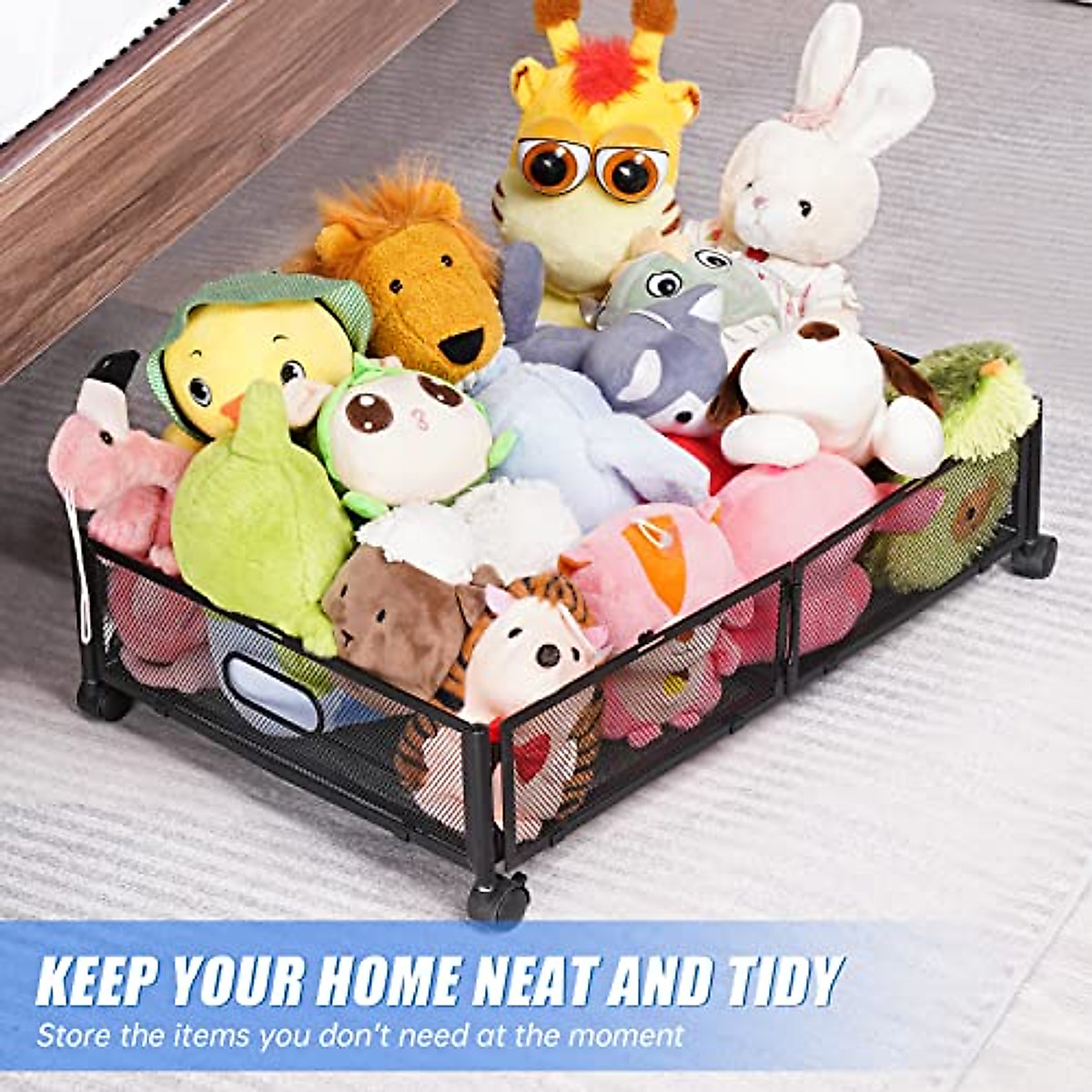 NiHome Under Bed Storage Containers with Wheels, Foldable Metal Under Bed Shoe Storage Drawers Cart, Tool Free Assembly Rolling Under Bed Storage Organizer for Toys Clothes Book Blanket, Black, 2PCK