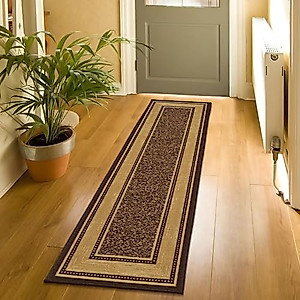 Ottomanson Machine Washable Bordered Design Non-Slip Rubberback 2x5 Traditional Runner Rug for Hallway, Kitchen, Bedroom, Entryway, 20" x 59", Brown