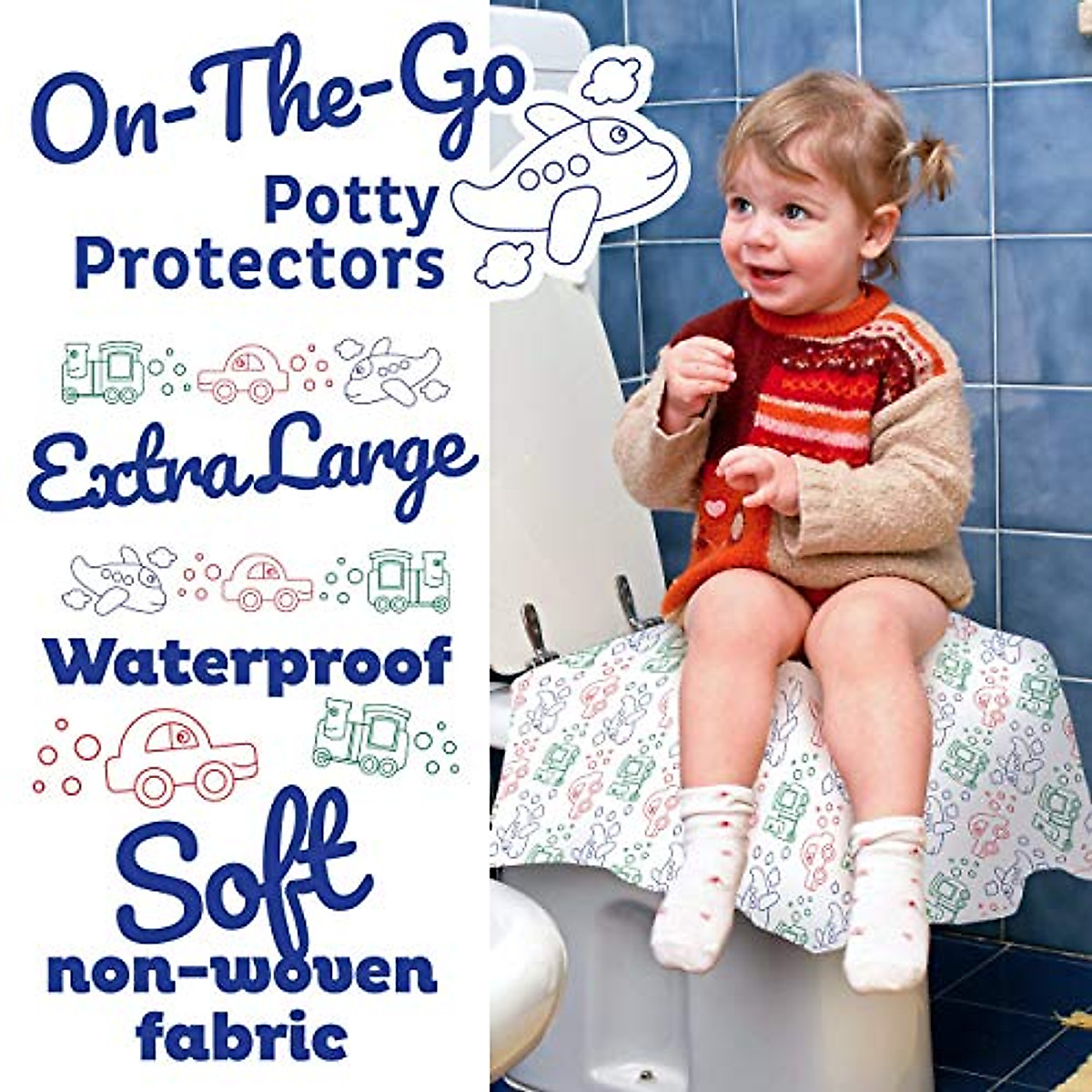 Cadily On-The-Go Disposable Toilet Seat Covers for Kids & Adults: 20 X-Large, Waterproof, Portable, Individually Wrapped Toilet Seat Cover That Completely Covers Any Toilet Planes-Trains-Cars