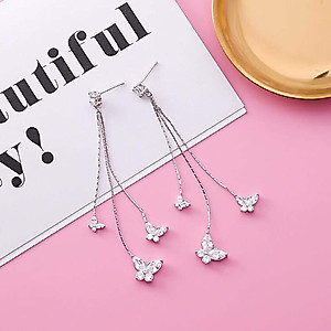 Crystal Butterfly Pendant Tassel Earrings Long Zircon Butterfly Drop Dangle Earrings Jewelry for Women Butterfly Earring (Silvr)