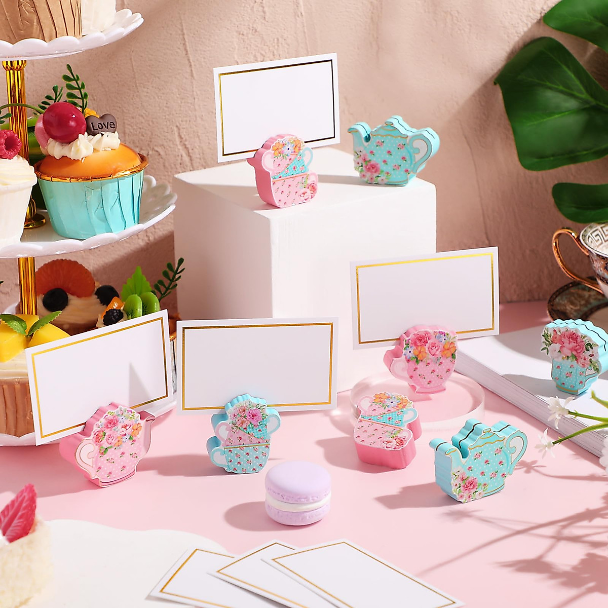 Kigley 18 Pcs Teapot Wooden Place Card Holder with 25 Pcs Gold Foil Card Tea Floral Party Wooden Table Sign Teapot Picture Number Sign Stands Holder for Wonderland Tea Party Baby Shower (Stylish)