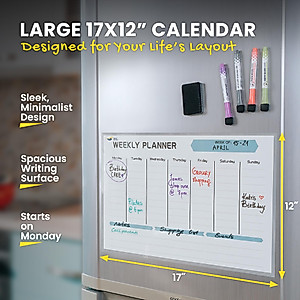 Magnetic Weekly Dry Erase Board Calendar Whiteboard- Latest Premium Nano Technology Stops Stains- 17x12” Whiteboard Calendar for Fridge- 4 Fine Tip Markers and Large Eraser- Weekly Planner White Board