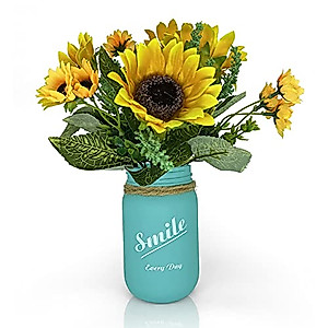 FADALO ART Mason Jar Decor Fake Flower Sunflowers Centerpieces for Dining Room Table Decorations for Living Room Rustic Farmhouse Decor Coffee Table Decor, Teal Blue#01
