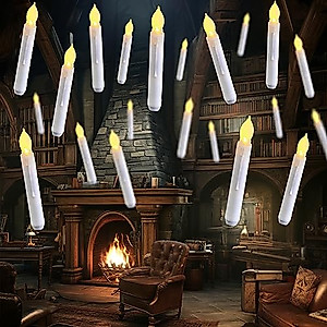 Raycare 24 Flameless LED Taper Candles Flickering, NO Remote, Battery Operated Hanging Floating Candles with Warm Light, LED Tapered Candlesticks for Church Party Halloween Christmas Decorations