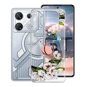 KJYFOANI for Infinix GT 10 Pro Case with [360° Rotation Ring Kickstand], Anti-Scratch Silicone Phone Case for Infinix GT 10 Pro, Shockproof Cover for Women/Girl, Transparent (6.67") - Pear Blossom