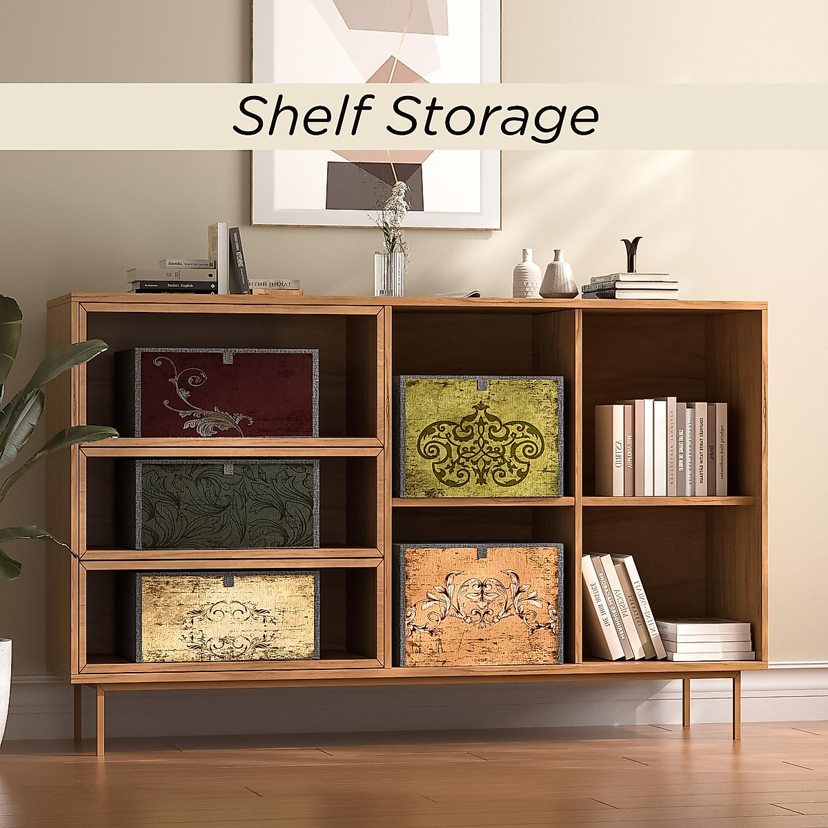 VASICAR 5 Pack Stackable Storage Boxes with Metal Frame & Pull-down Lid, Foldable Storage Cube Bins Shoe Containers Boxes for Bedroom, Pattern