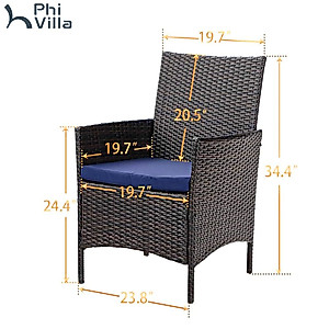 PHI VILLA Patio Wicker Chair Set of 2, Outdoor Modern PE Rattan Armchair with Removable Cushions for Deck, Porch, Balcony