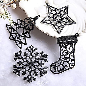 Glitter Snowflake Ornaments for Christmas Tree, 40pcs Black Christmas Decoration Hanging Decorations for Halloween Xmas Tree, Window, Door