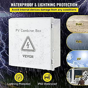 VEVOR PV Combiner Box, 6 String with 15A Rated Current Fuse, 125A Circuit Breaker, Lightning Arreste Connector for On/Off Grid Solar Panel System, IP65 Waterproof, White
