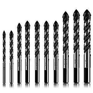 10-Piece Masonry Drill Bits Set for Tile Glass Ceramic Brick Wood, 1/8 to 1/2 Inch Drilling Bits with Triangle Handle, YG8 Tungsten Steel Alloy Tip.（Black）