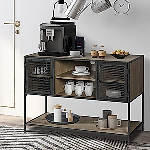 LTMEUTY Sideboard Buffet - Industrial Storage Cabinet, Coffee Bar Cabinet with Mesh Doors, Console Table Coffee Station, for Home, Living Room, Dining Room, Kitchen, Light Brown