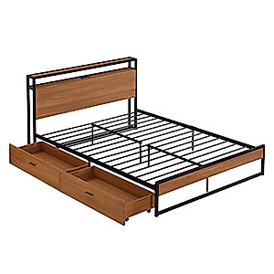 EMKK Queen Size Metal Platform Bed Frame with 2 Drawers,Sockets and USB Ports,Metal and Wood Platform Bed Frame, Wood Slat Support, No Box Spring,Easy Assembly, Black, Queen
