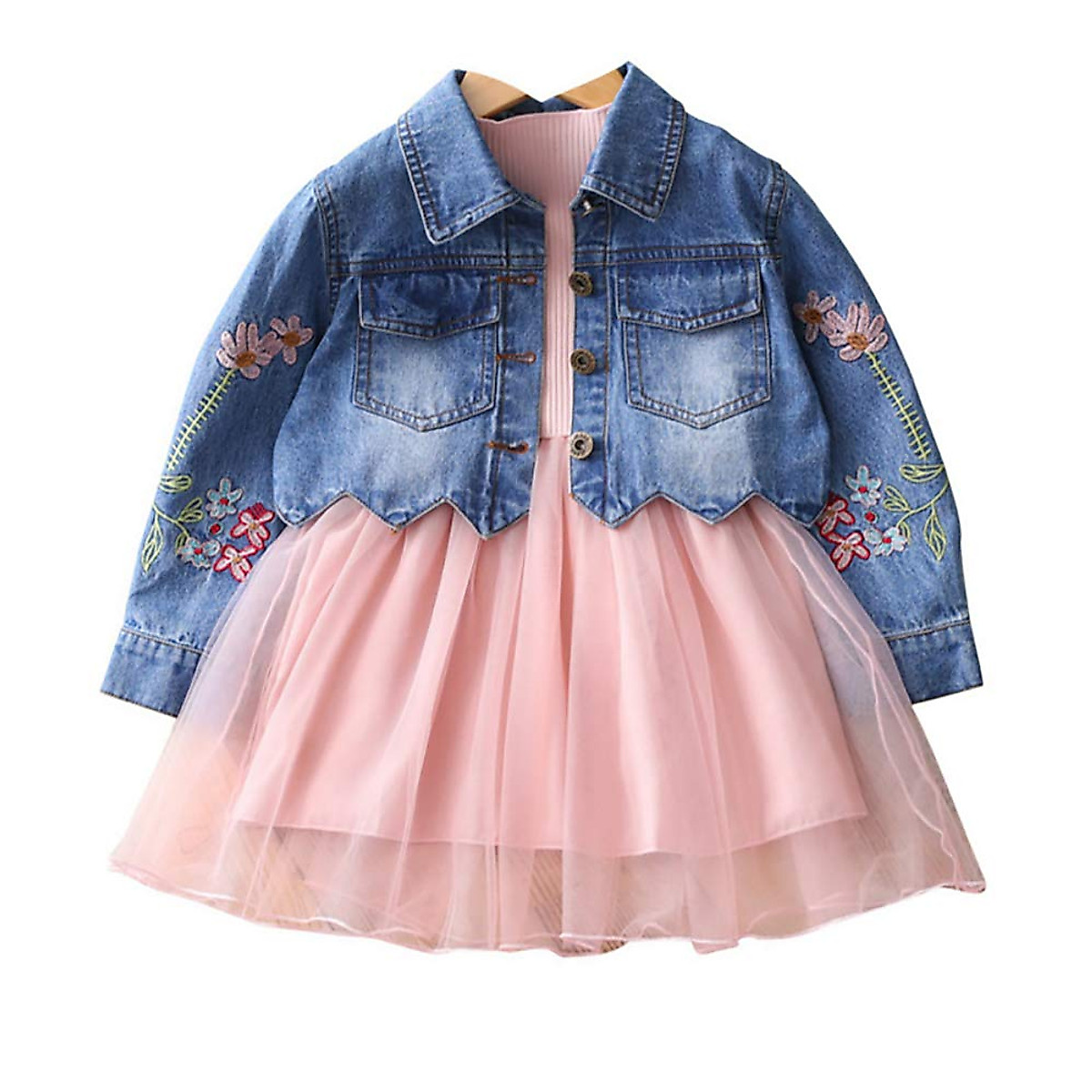 Spring Autumn Little Girls Clothing Set Child Kids Denim Jacket and Long Sleeve Dress 2 Pieces Set (4T, Pink)