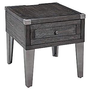 Signature Design by Ashley Todoe Industrial Square End Table with 1 Drawer, 2 Outlets and 2 USB Charging Ports, Dark Gray with Weathered Pine Finish