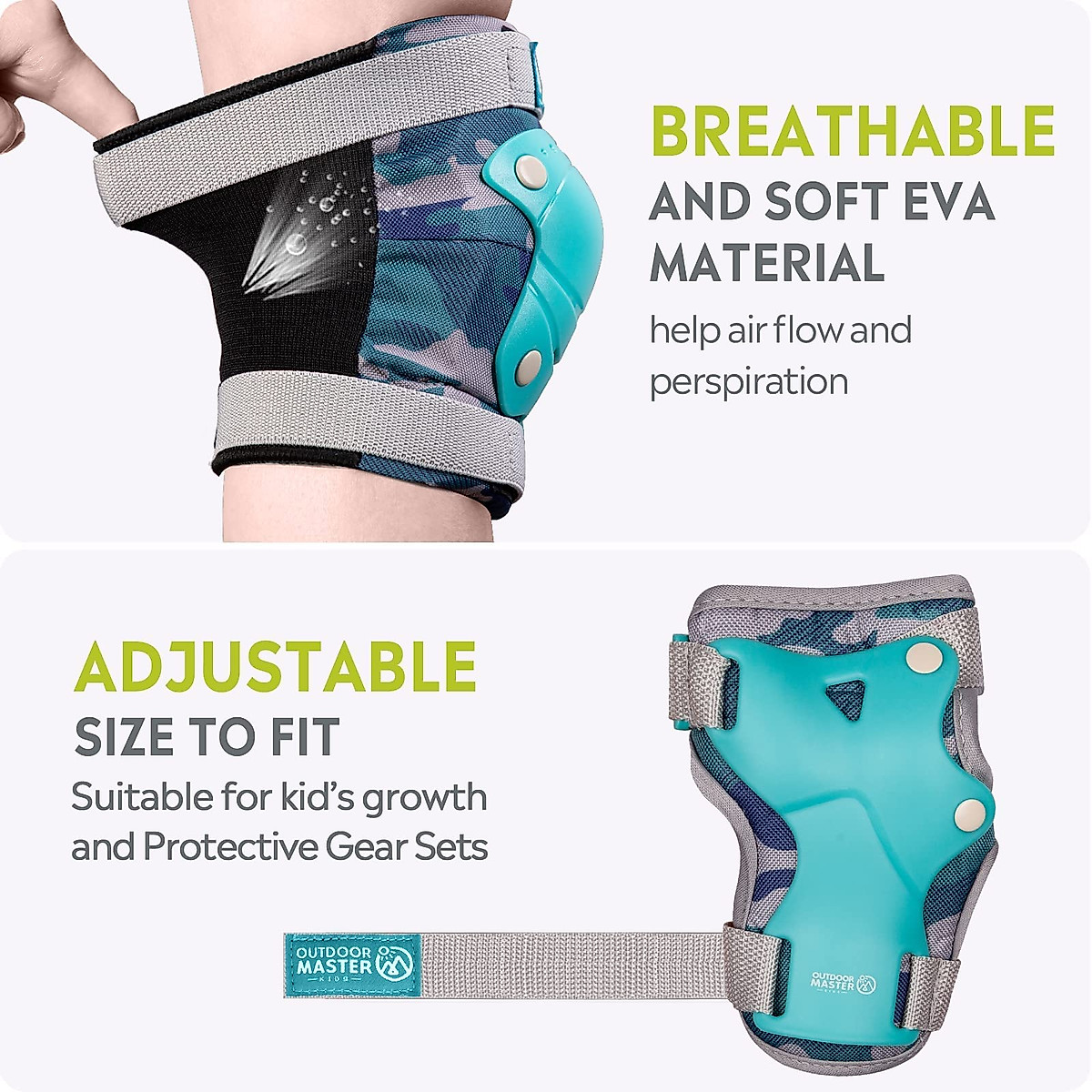 OutdoorMaster Kids/Youth Protective Gear - Knee Pads Elbow Pads Wrist Guard 6-in-1 Set for Bike, Roller Skating, Skateboard, Inline Skating, Hover Board,Penny Board - Aqua Squad - S