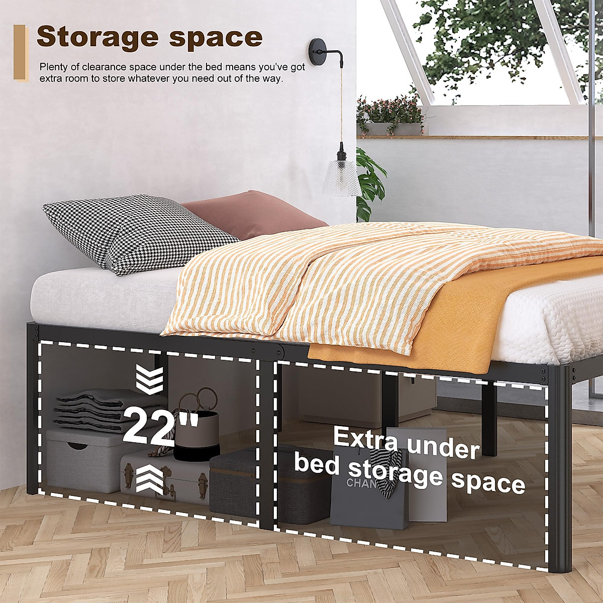 Likelalaso 24 Inch High Queen Bed Frame with Rounded Corner, Heavy Duty Metal Bed Frame Queen Size Under-Bed Storage Space, No Box Spring Needed, Noise Free, Easy Assembly, Black