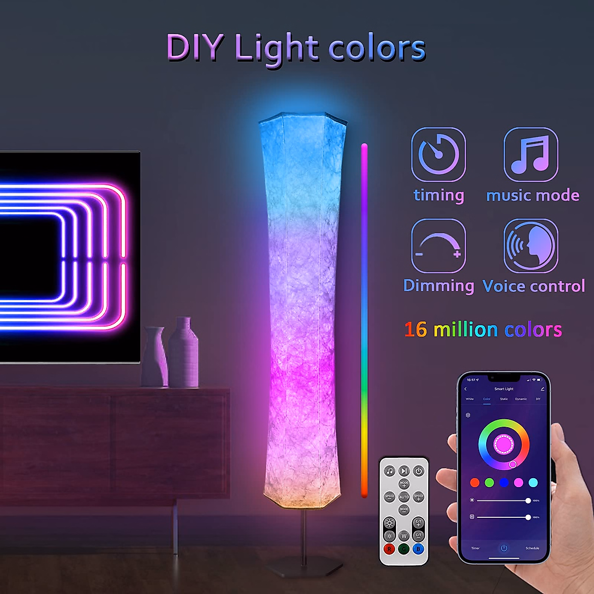 AMERCOT Floor Lamp,RGB Color Changing Led Lamp,Smart Lamp ,Alexa APP Light Control,59" Modern Lamp with Remote,Music Mode,Dimmable Standing Lamp for Living Room Bedroom Game Room
