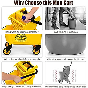 ReunionG Commercial Mop Bucket, Household Bucket with Wringer, Side Press Mop Bucket with Wheel and Handle, Side Press Wringer Trolley with Ergonomic Rocker for Easy Water Drain, Yellow (26 Quart)