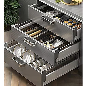 Black Kitchen Drawer Organizer with Two Adjustable Compartments,Flatware Organizer for Silverware,Cutlery or Kitchen Gadgets,Aluminum Body, Plastic Sliding Partition Plate and Handles (5.9W×16.14L)