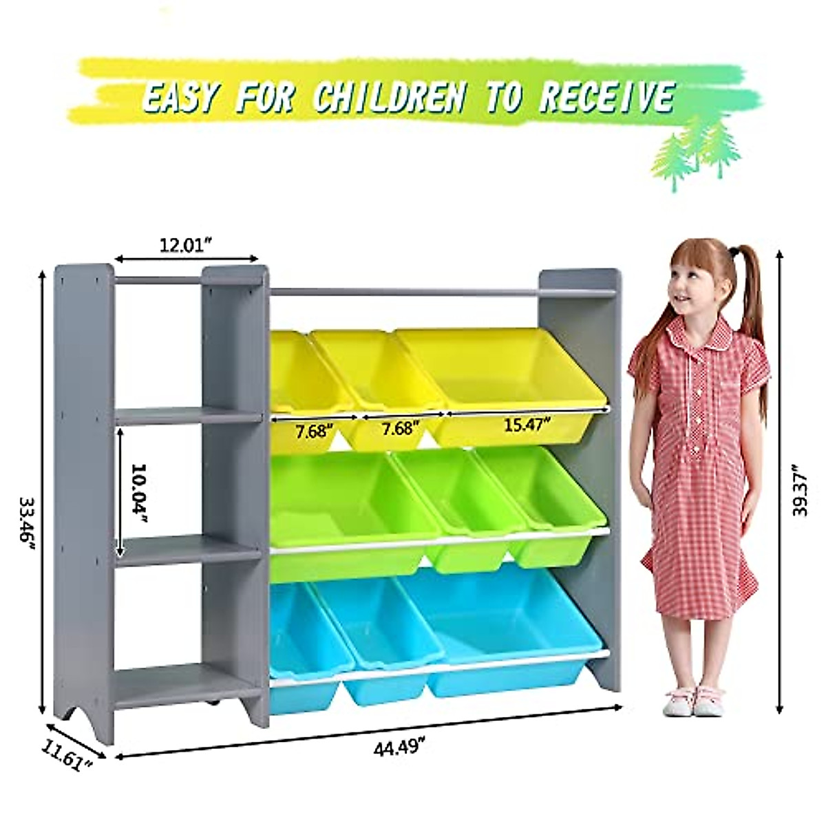 MallBest 4-Tier Kids' Toy Storage Organizer Shelf - 100% Solid Wood,Children's Storage Cabinet with 9 Plastic Bins and and 3 Storage Ports (Grey)