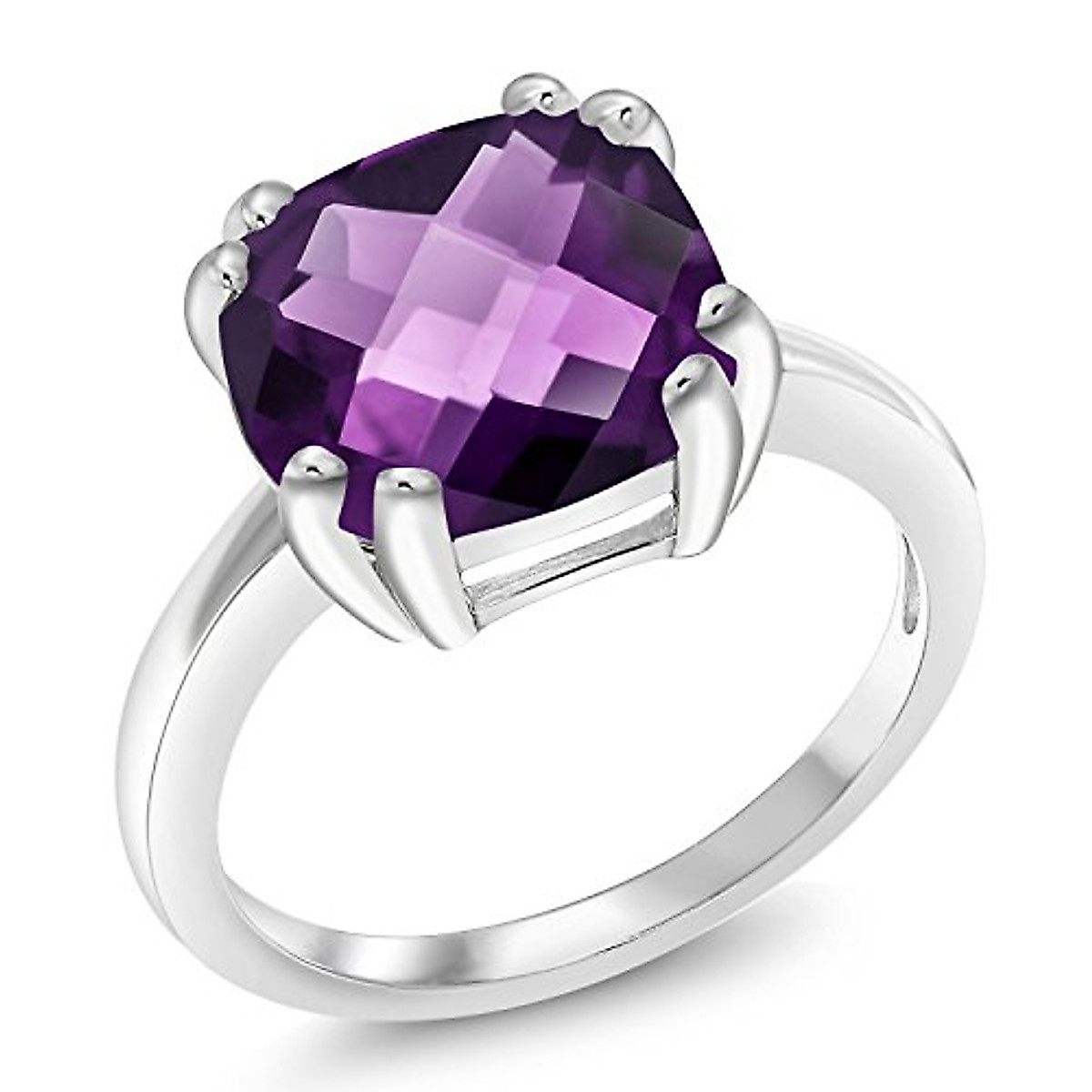 Gem Stone King 925 Sterling Silver Purple Amethyst Solitaire Double Prong Ring For Women (3.45 Cttw, Cushion Checkerboard 10MM, Gemstone Birthstone, Available In Size 5, 6, 7, 8, 9)