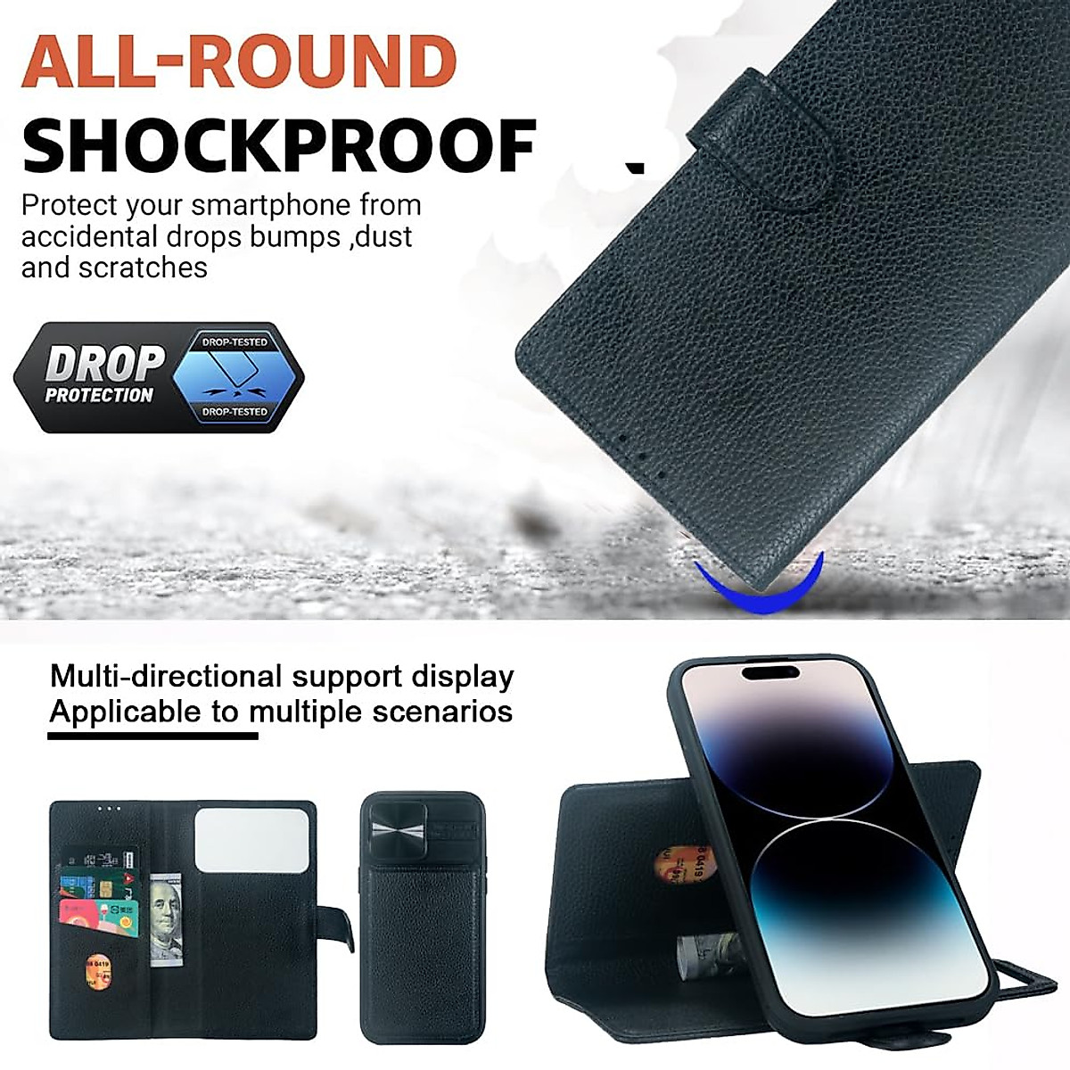 Vitodo Compatible with iPhone 15 Pro Max Wallet Case - Magnetic Detachable 2 Style Cases with Card Slot & Camera Cover, RFID Blocking Premium Leather Kickstand 360° Full Protection Flip Case (Black)