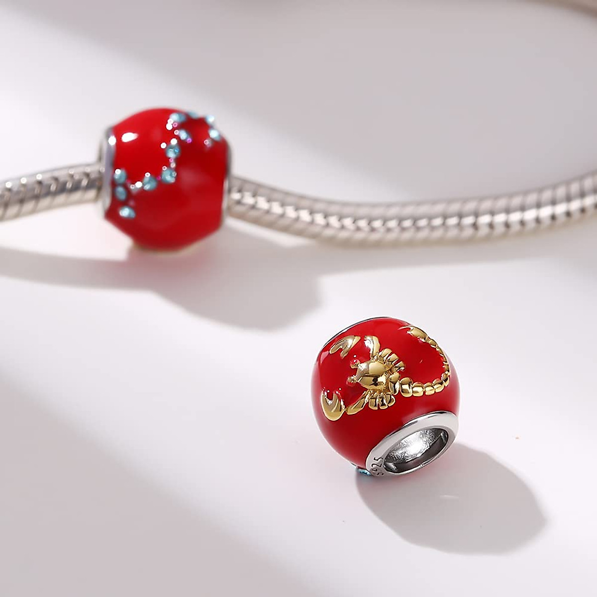 Birthday Zodiac Sign Charms Original 925 Sterling Silver Enamel Charms with Clear Cz for Bracelet (Red Scorpio)