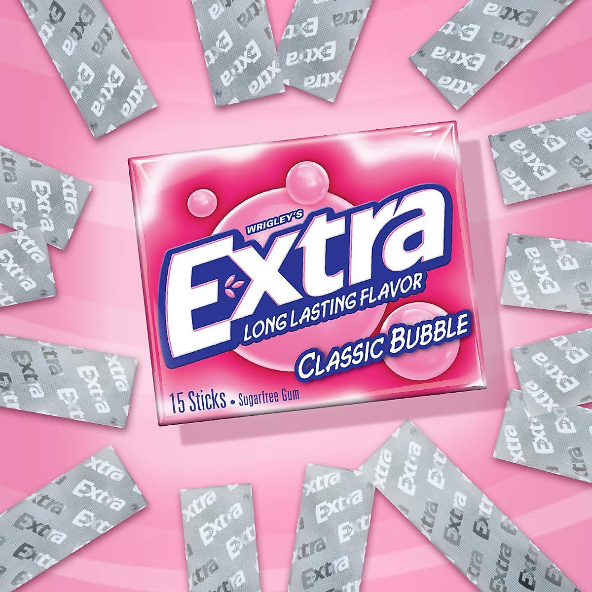 EXTRA Gum Classic Bubble Gum Sugar Free Chewing Gum Bulk Pack, 15 Stick (Pack of 10)