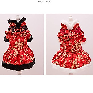 HOTUMN Chinese Dog Dresses for Small Medium Dogs Girl with Lace Bow New Year Eve Princess Dog Clothes Dog Wedding Dress Pets Winter Teddy Party Coat Spring Festival Dog Cat Costume