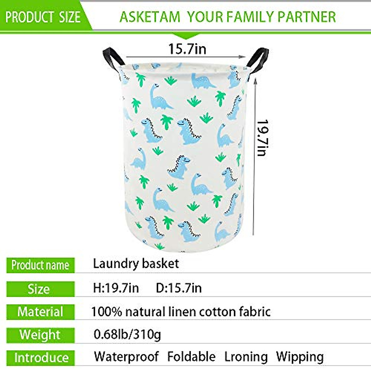 ASKETAM Fabric Laundry Basket Canvas Laundry Hamper for Dirty Clothes Toy Organizer Kid Nursery Room Decor Basket (Blue dinosaur)