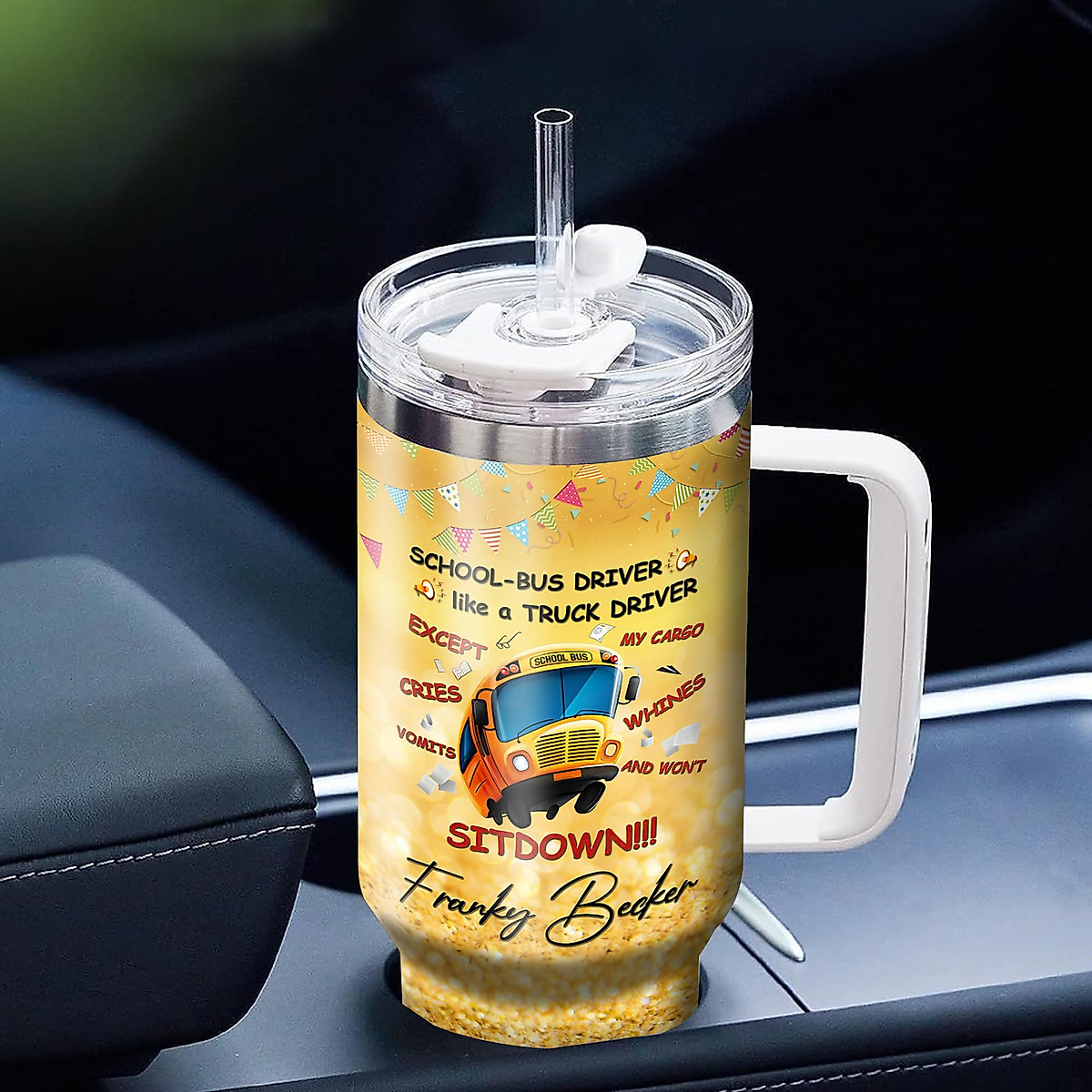 WAZONE Personalized Bus Driver Tumbler 40oz with Handle and Straw Stainless Steel Custom Name Student Delivery Specialist Cup Insulated Tumblers Back To School School Bus Driver Appreciation