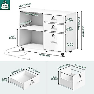 YITAHOME File Cabinet with Charging Station, Mobile Lateral Filing Cabinet with Lock for Home Office, Printer Stand with Open Storage Shelf, Fits A4, Letter Size Files, Office Furniture, White
