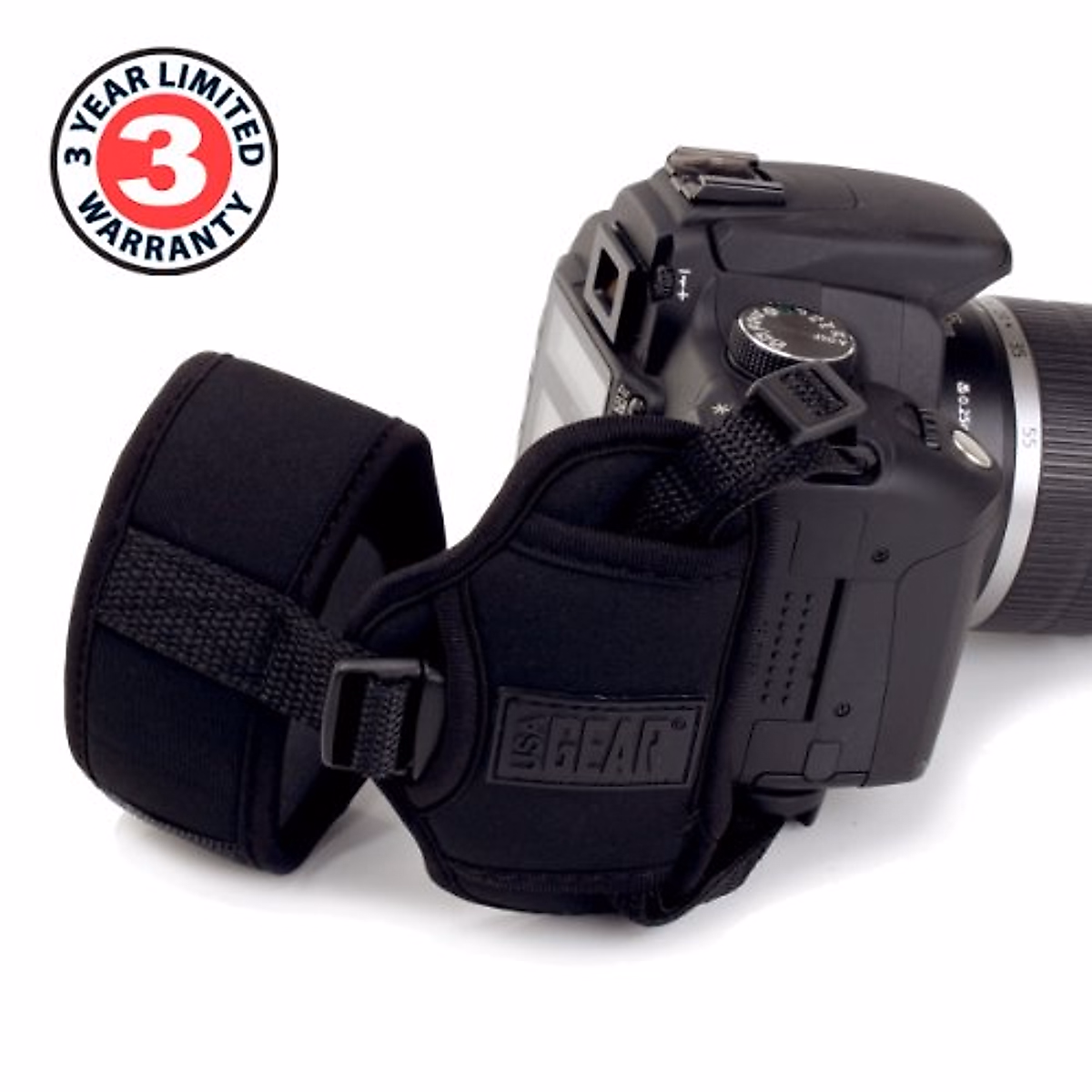 USA GEAR Professional Camera Grip Hand Strap with Black Neoprene Design and Metal Plate - Compatible with Canon , Fujifilm , Nikon , Sony and more DSLR , Mirrorless , Point & Shoot Cameras